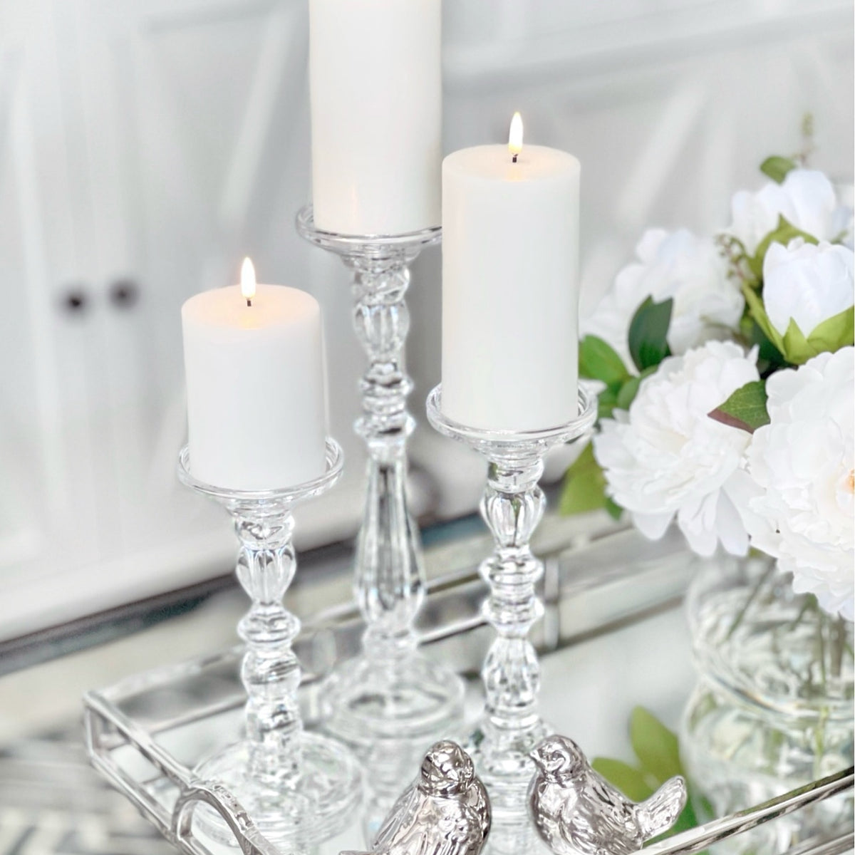 Set Of 3 Glass Pillar Candle Sticks with Flameless Candles – LUXE ...